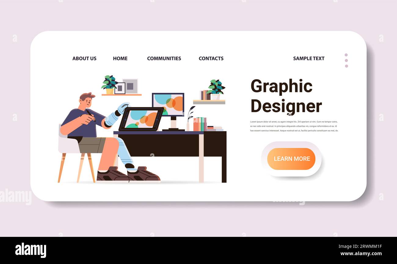 disabled man graphic designer with replaced robotic leg and arm guy ...