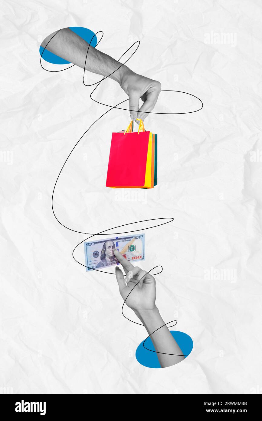 Artwork poster collage banner of two human arm receive package pay by ...