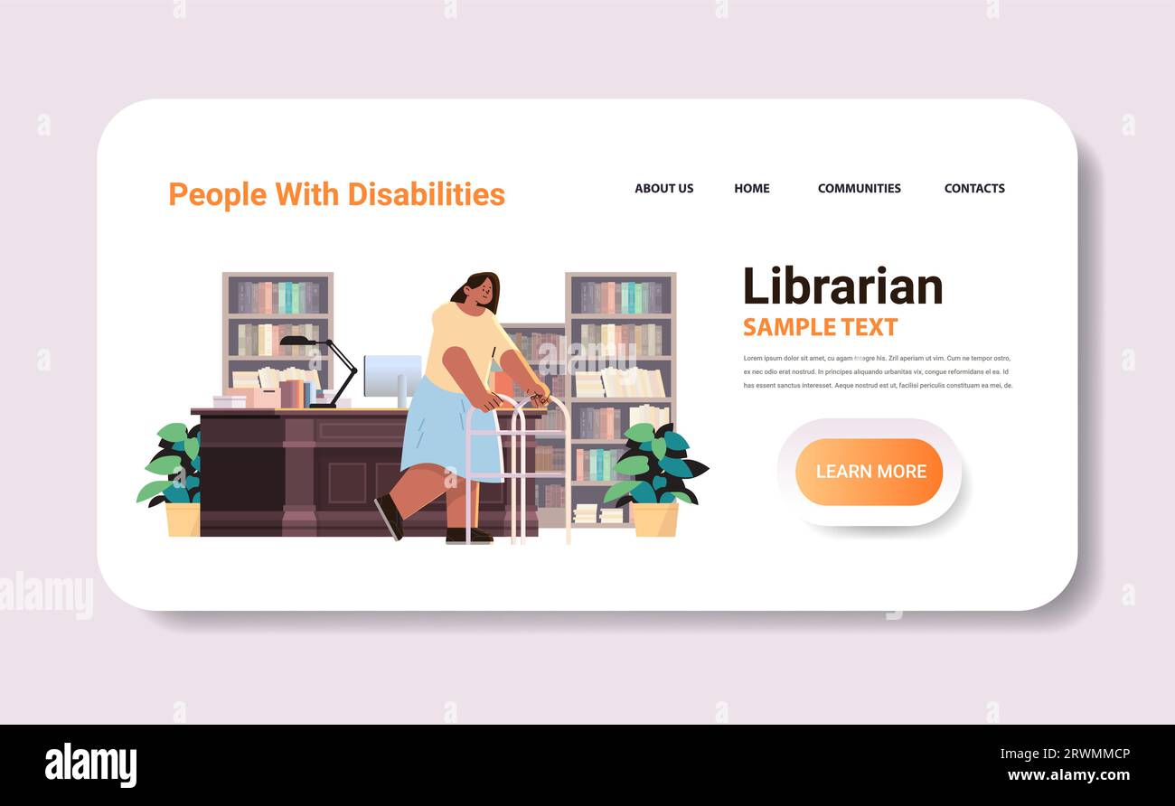 disabled woman librarian standing with walking stick in bookstore or ...