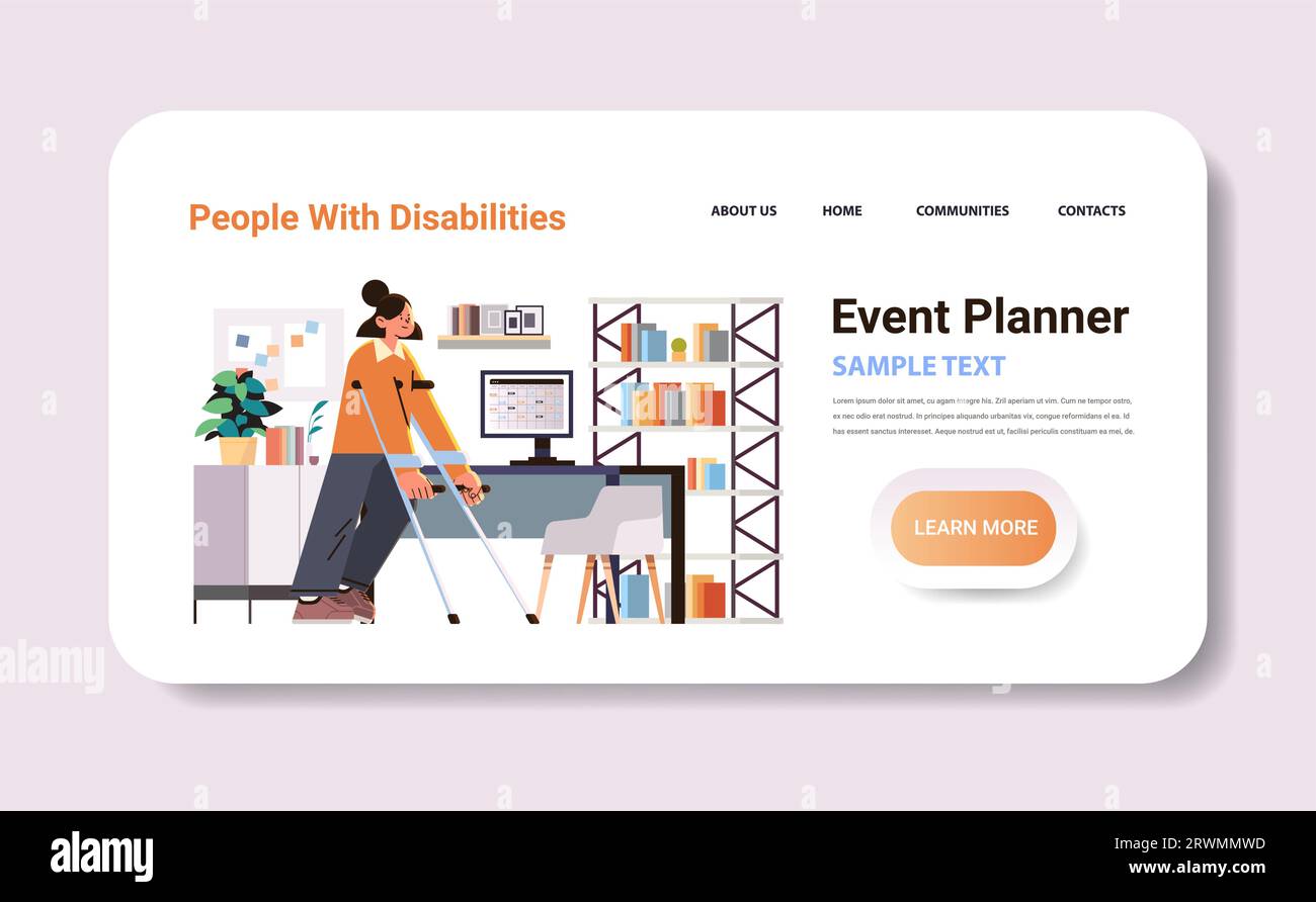 disabled woman event planner standing with walking stick in office ...