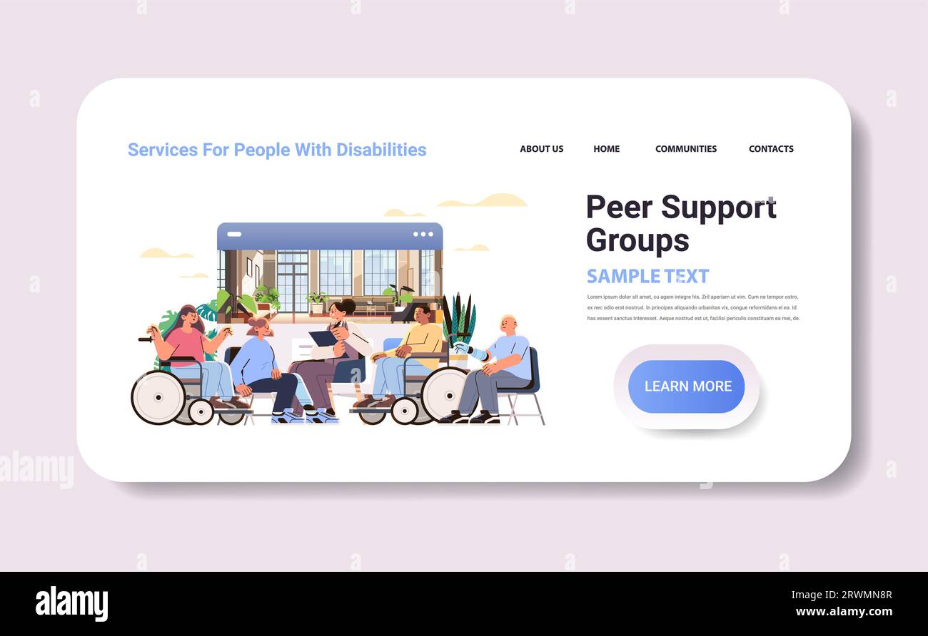 group of disabled men and women discussing during meeting peer support ...