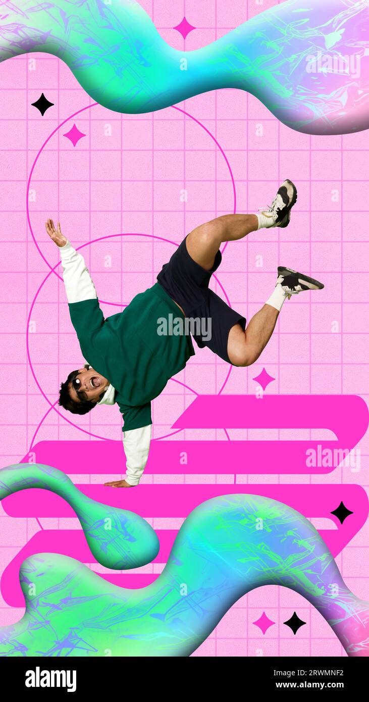 Emotional and stylish young man in sportive casual clothes dancing over ...