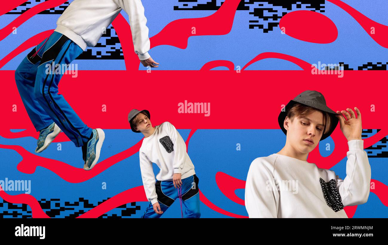 Young guy in sport style casual clothes over colorful abstract ...