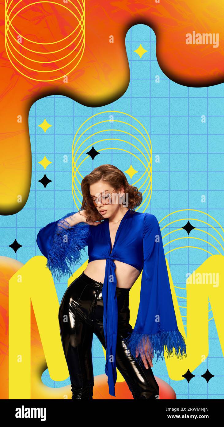 Elegant, beautiful young woman in stylish clothes over colorful ...