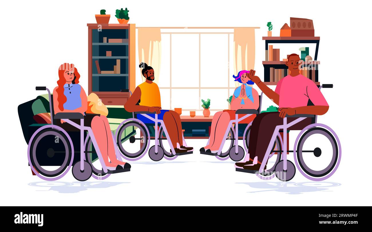 disabled mix race men women in wheelchairs discussing during meeting in ...