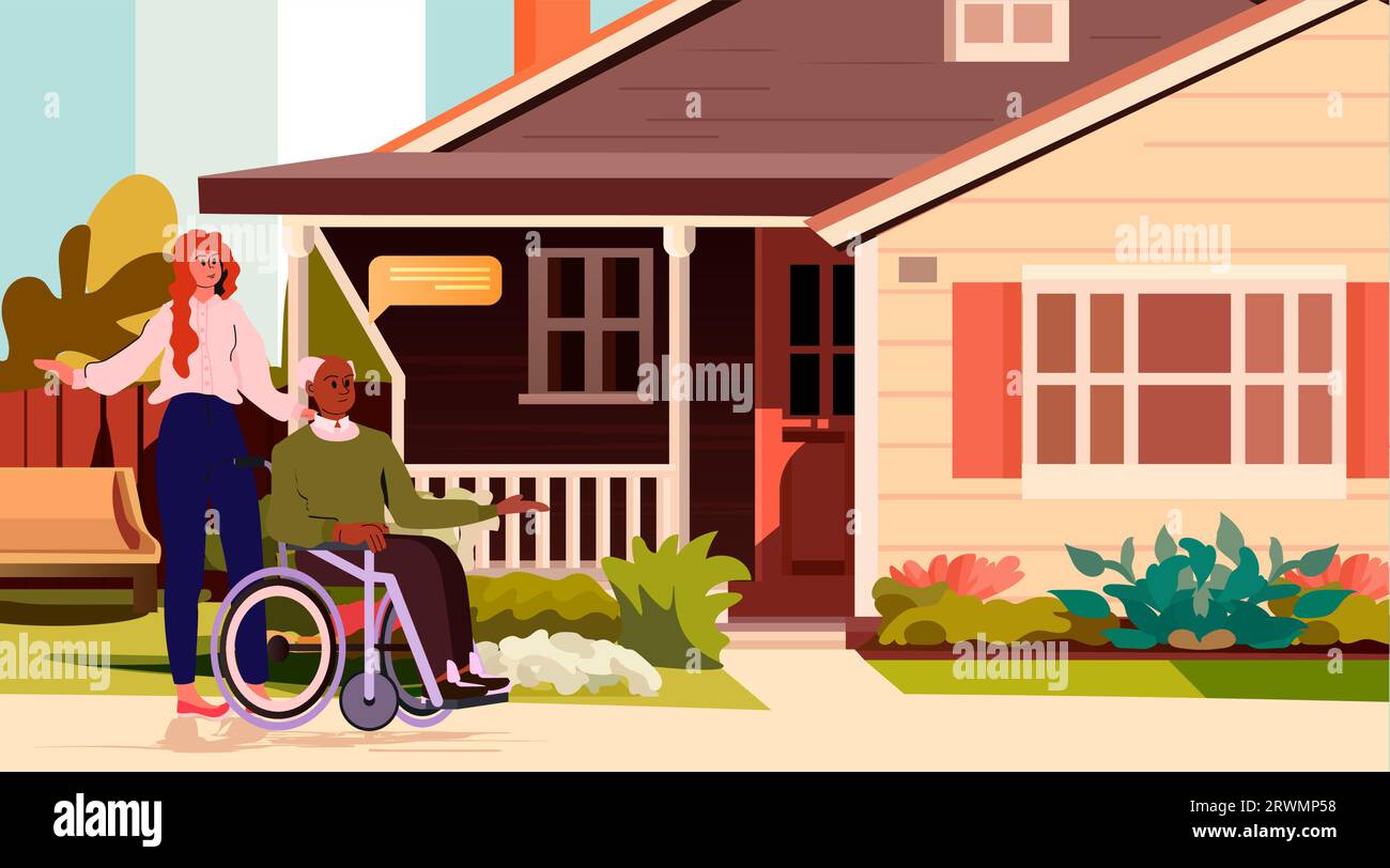 disabled man patient in wheelchair walking with nurse near cottage ...