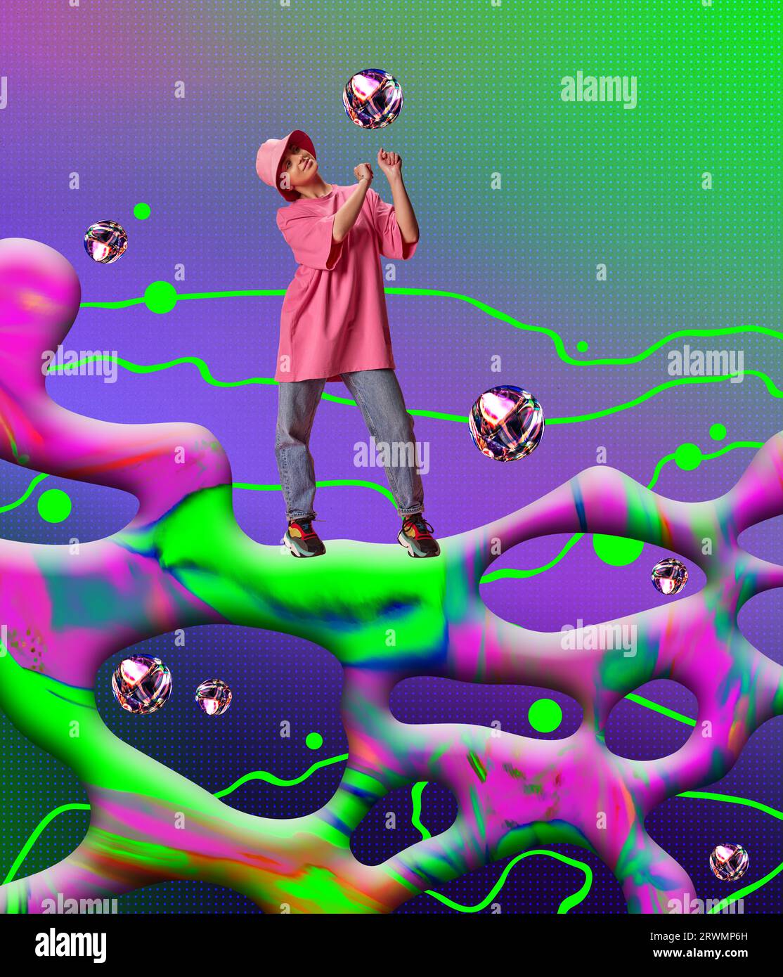 Beautiful young woman in casual stylish clothes dancing over abstract ...