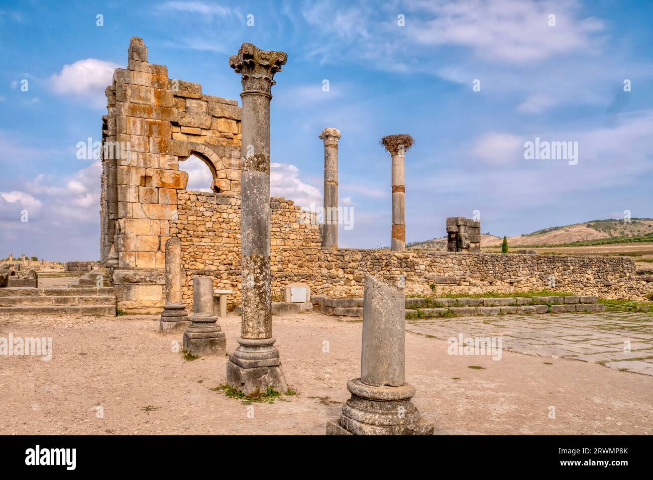 The ancient Roman ruins at Volubilis, Morocco, with the partially ...