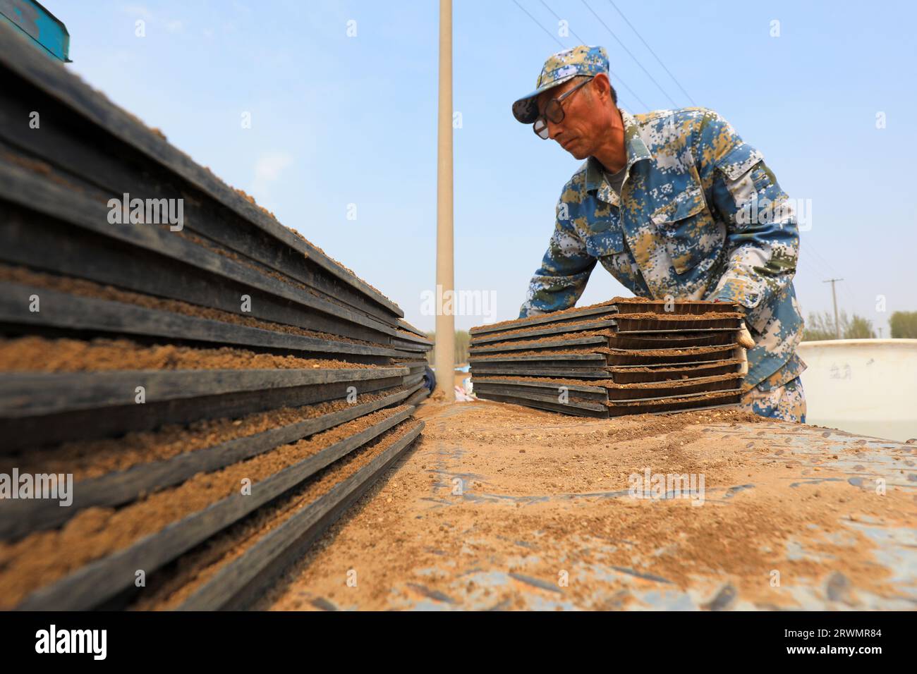 LUANNAN COUNTY, China - April 18, 2022: farmers sow rice seeds in rice ...