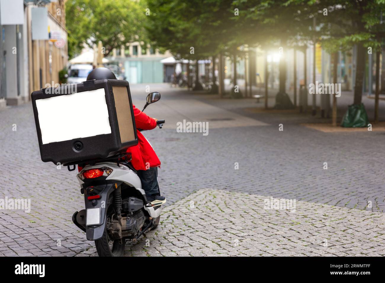 Food courier delivering rushing fast by scooter thermo box bag mock up ...
