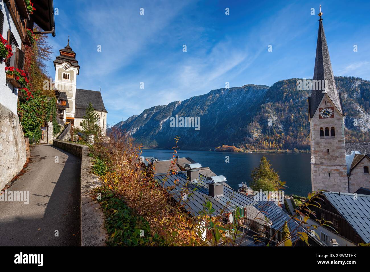 Hallstatt view with Catholic Church and Evangelical Church - Hallstatt ...