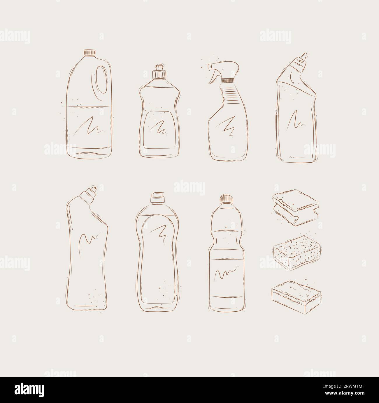 Set of cleaning products bleach, liquid soap, dish rinse aid, glass and ...