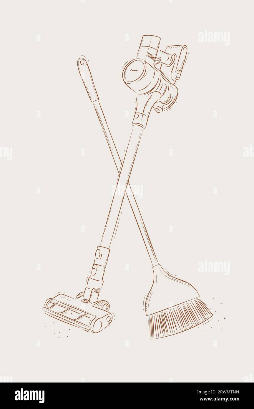 Cordless vacuum cleaner and flat broom drawing in graphic style on ...