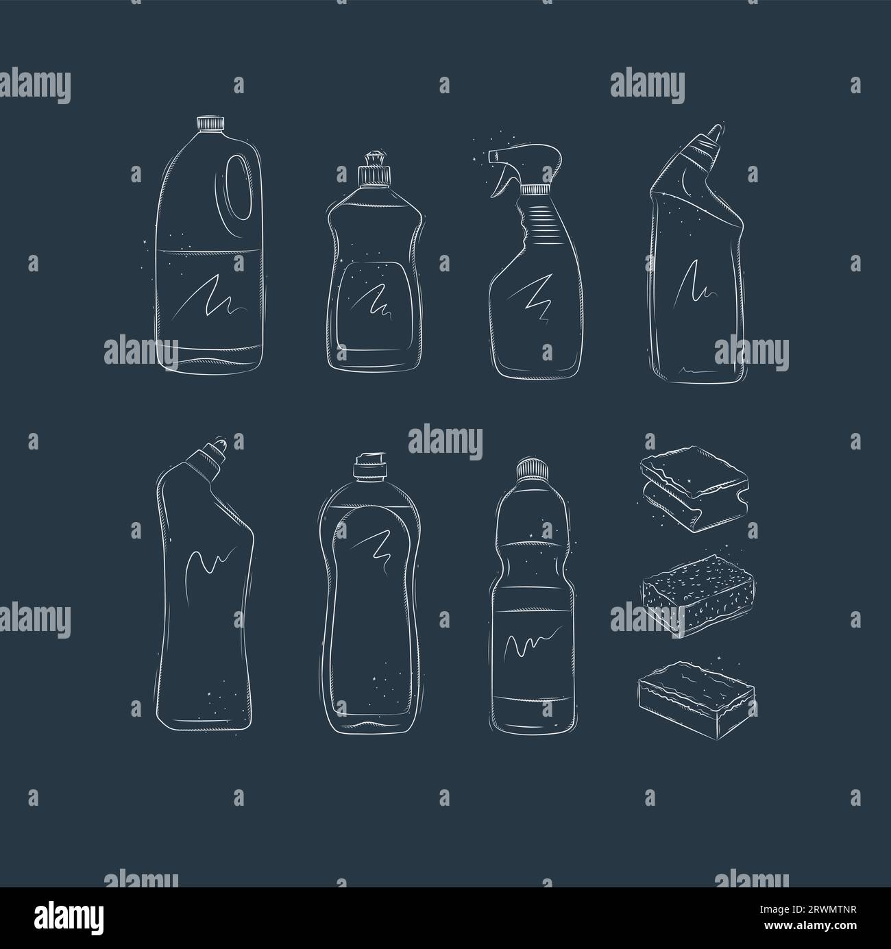 Set of cleaning products bleach, liquid soap, dish rinse aid, glass and ...