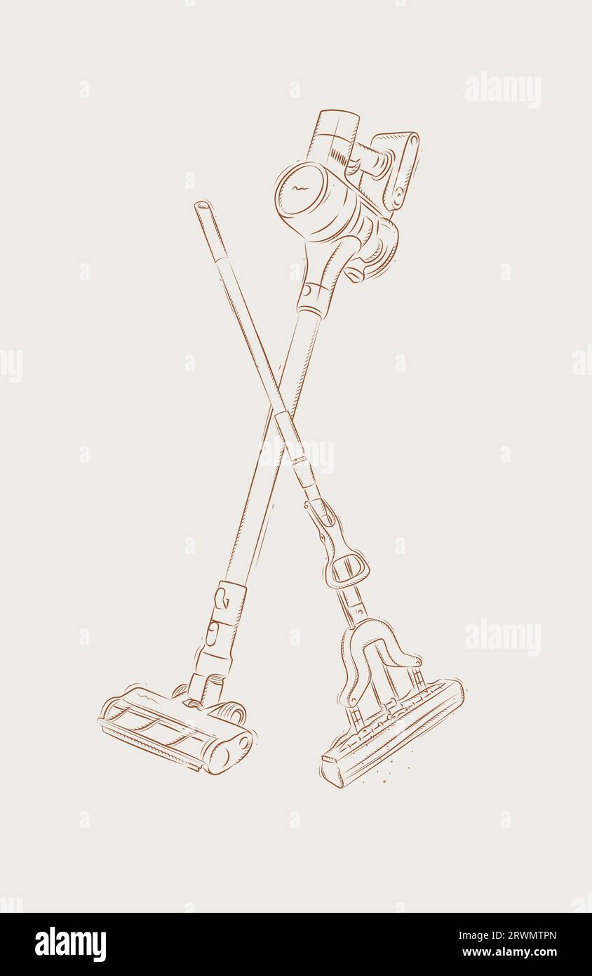 Cordless vacuum cleaner and sponge mop drawing in graphic style on ...