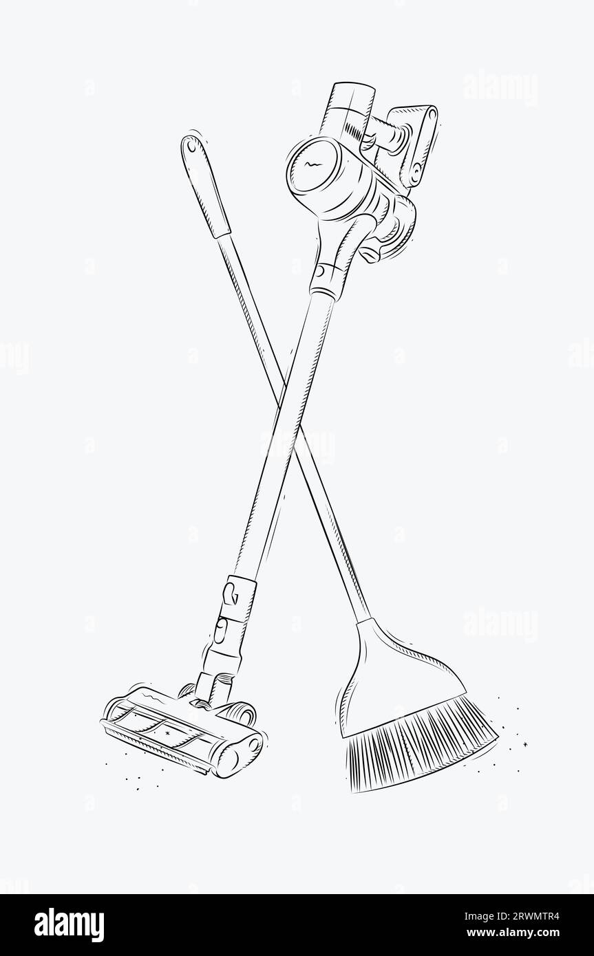 Cordless vacuum cleaner and flat broom drawing in graphic style on ...