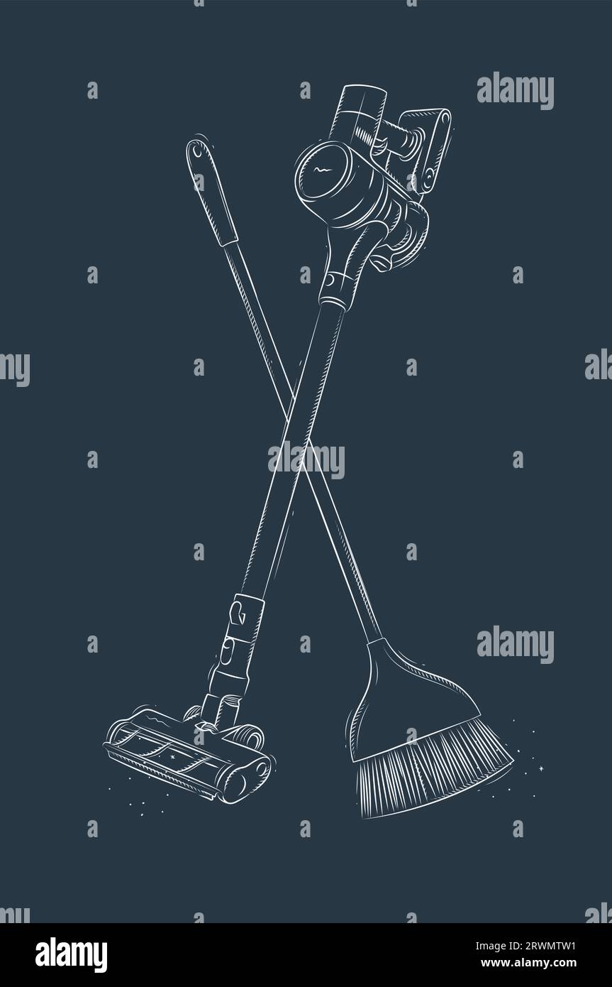 Cordless vacuum cleaner and flat broom drawing in graphic style on blue ...