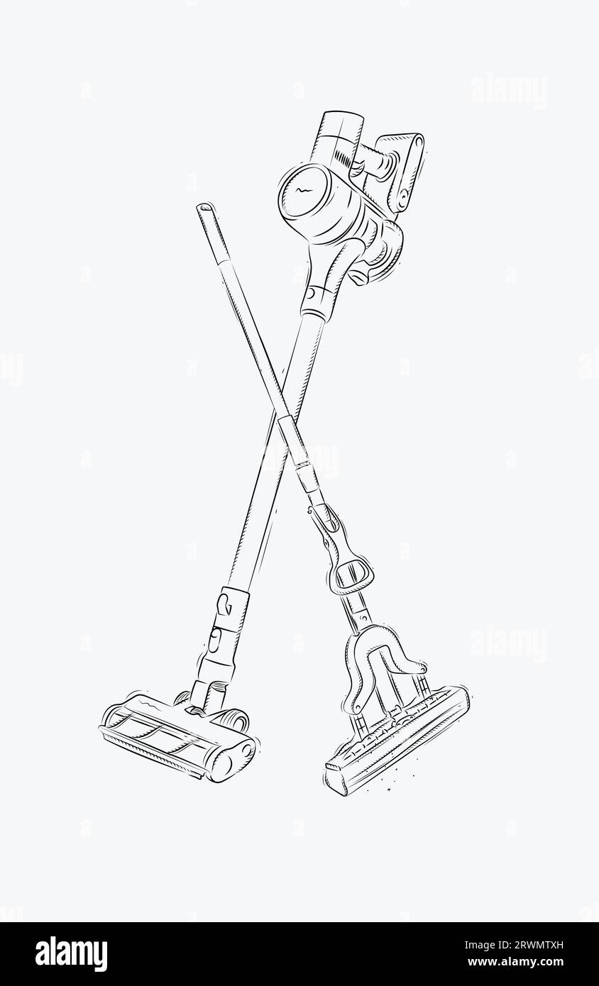 Cordless vacuum cleaner and sponge mop drawing in graphic style on ...