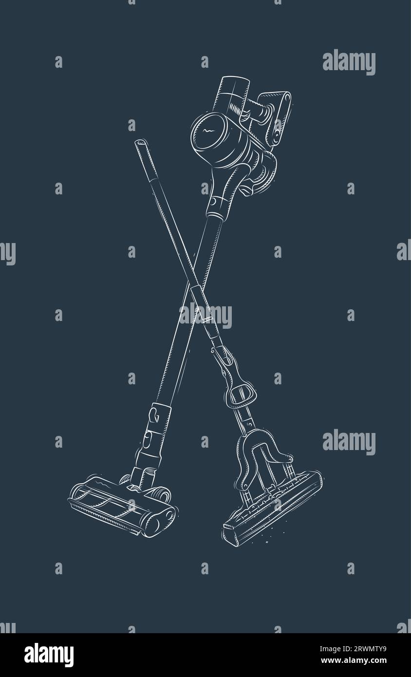Cordless vacuum cleaner and sponge mop drawing in graphic style on blue ...