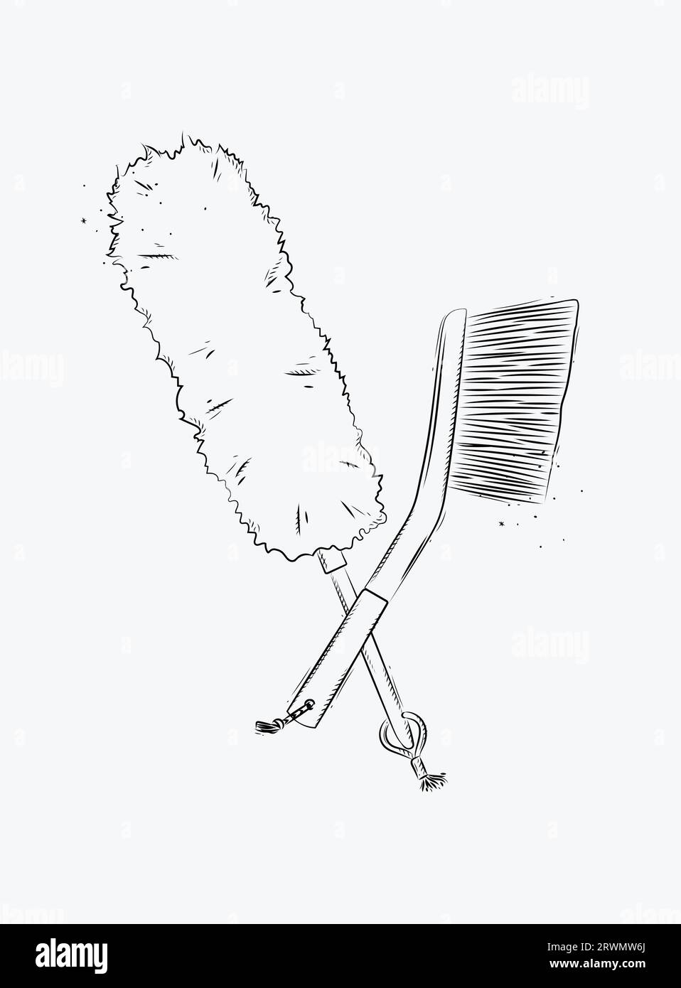 Dust remover tool and brush drawing in graphic style on white ...