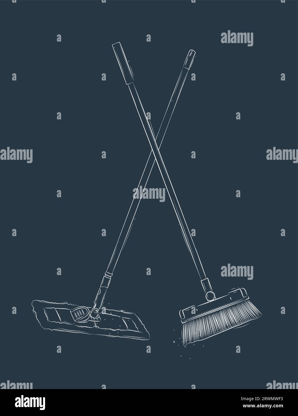 Flat mop and broom drawing in graphic style on blue background Stock ...