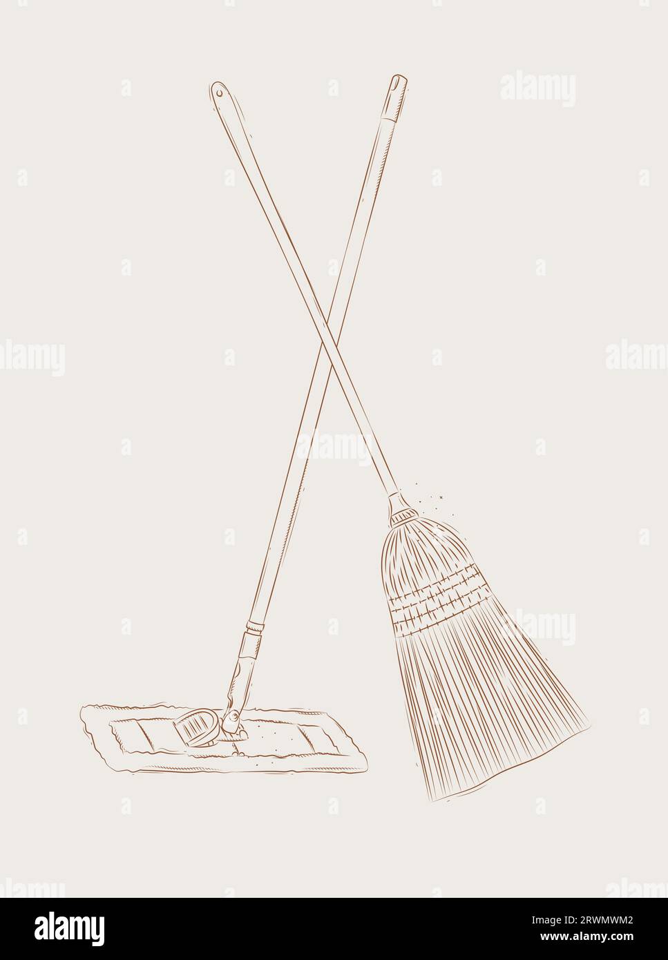Broom and flat mop drawing in graphic style on beige background Stock ...