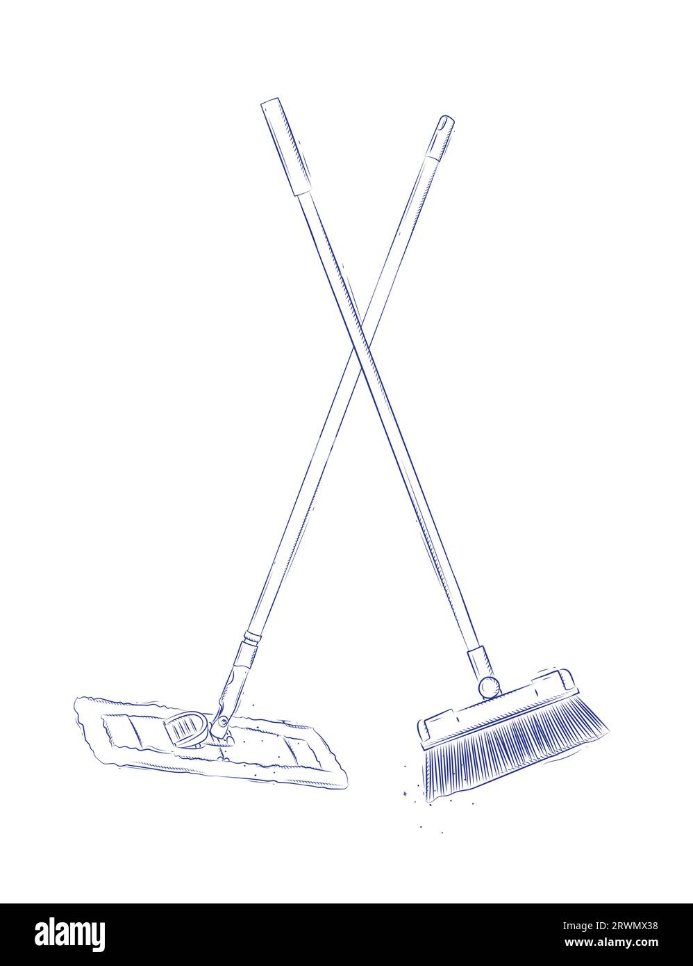 Flat mop and broom drawing in graphic style on light background Stock ...