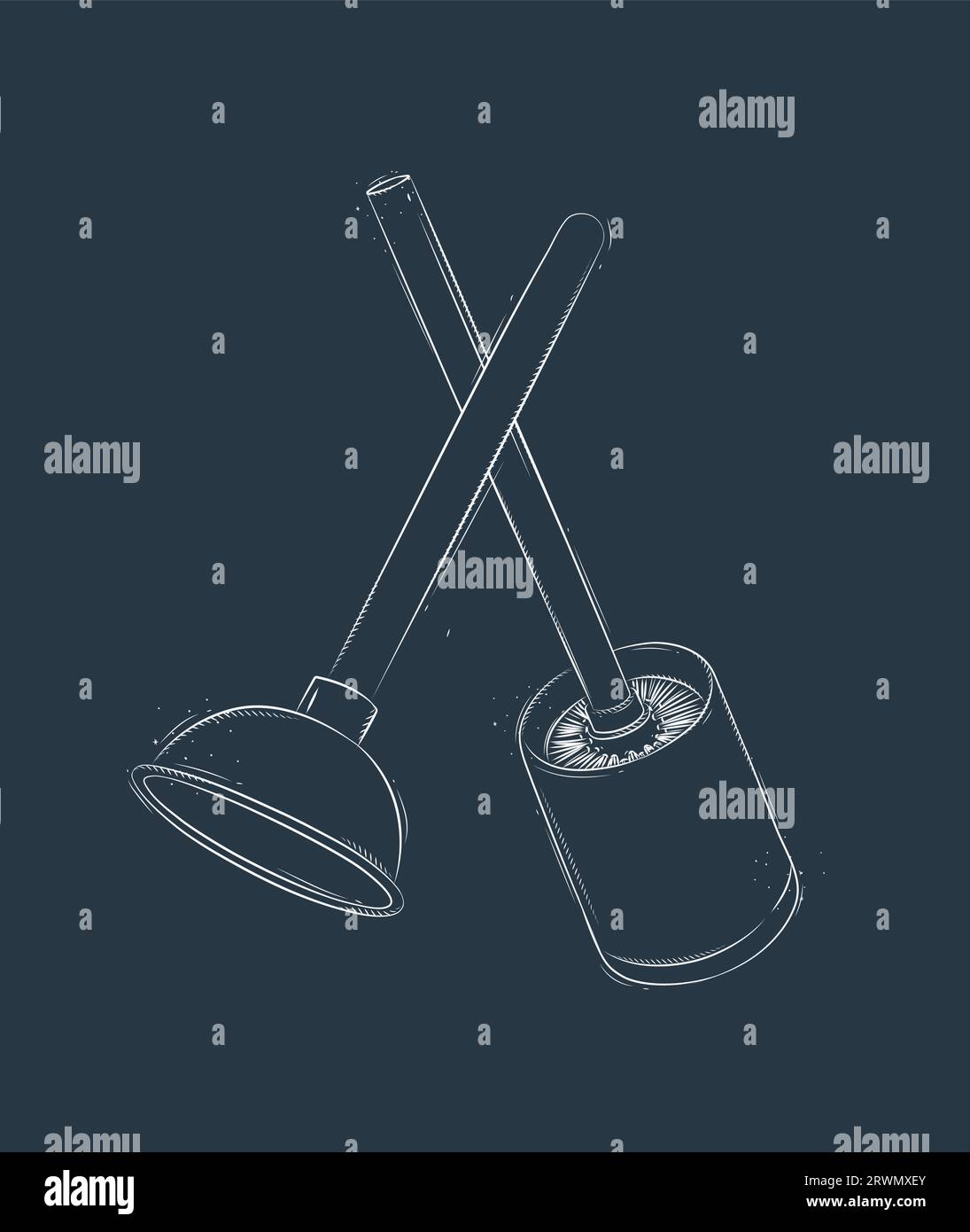 Cleaning tools toilet brush and plunger drawing in graphic style on ...
