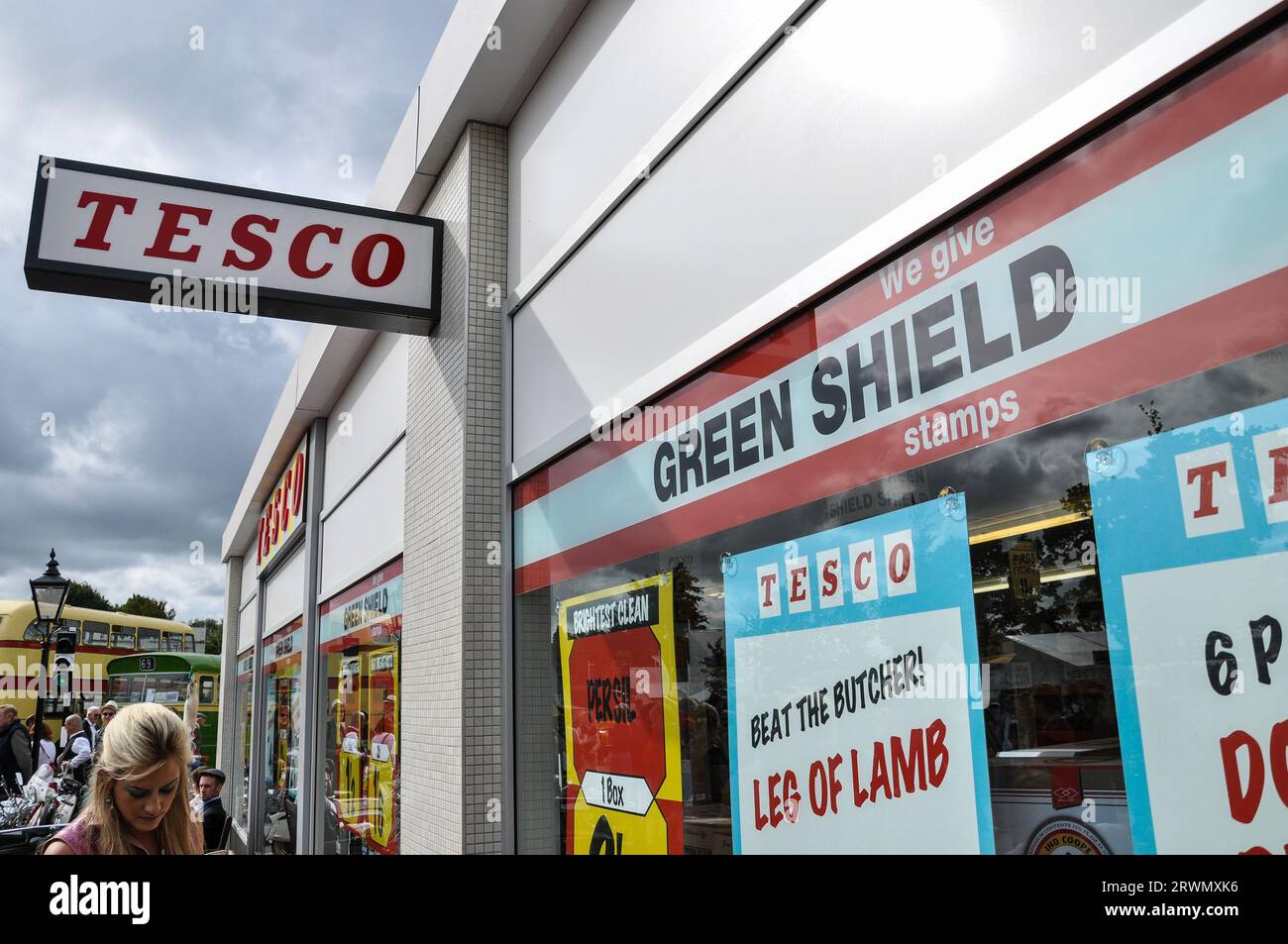 Retro Tesco shop at the Goodwood Revival. Green Shield stamps advert ...