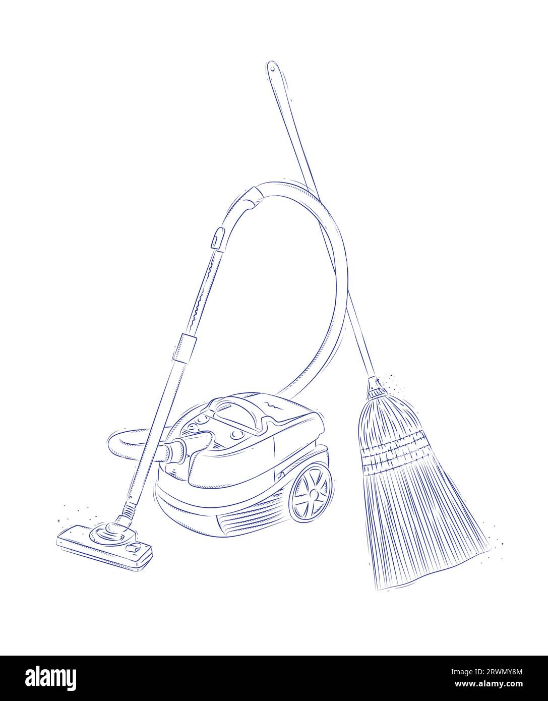 Vacuum cleaner and broom drawing in graphic style on light background ...