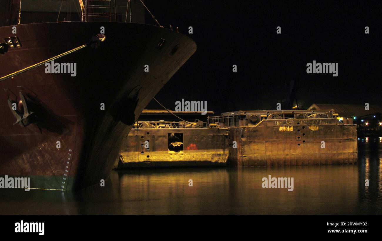 Container terminal. Sea port container terminal during work at night in ...
