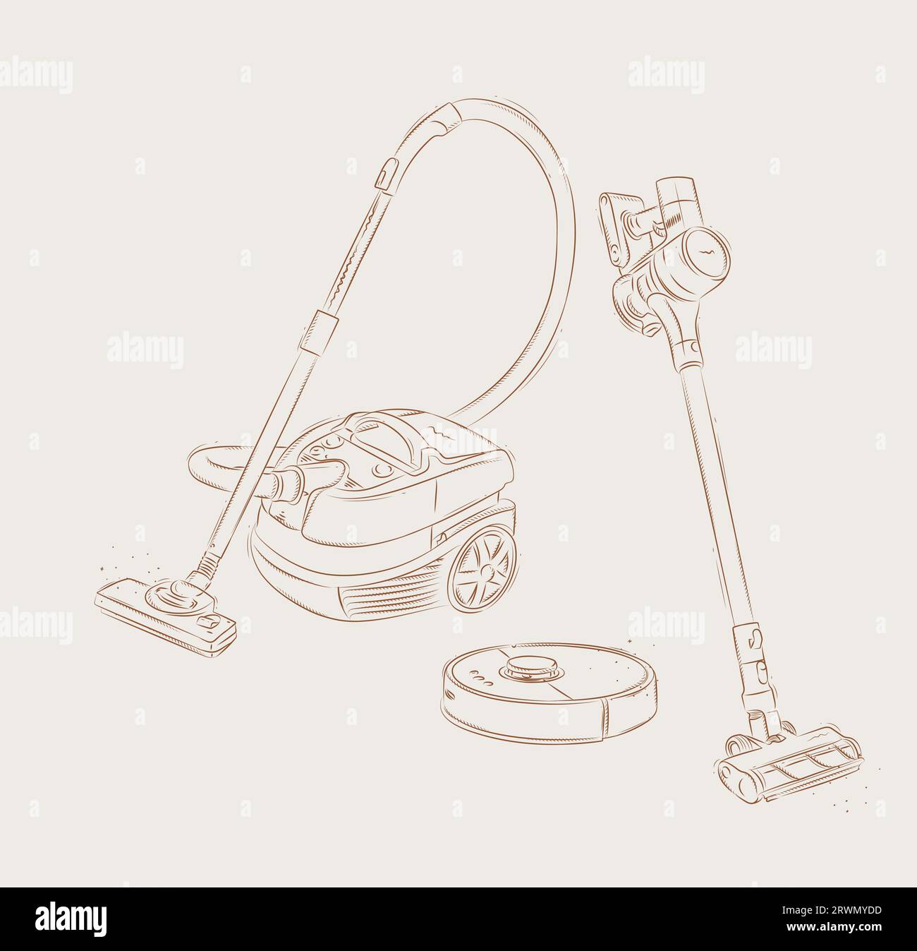 Vacuum cleaner types regular, cordless, robot drawing in graphic style ...