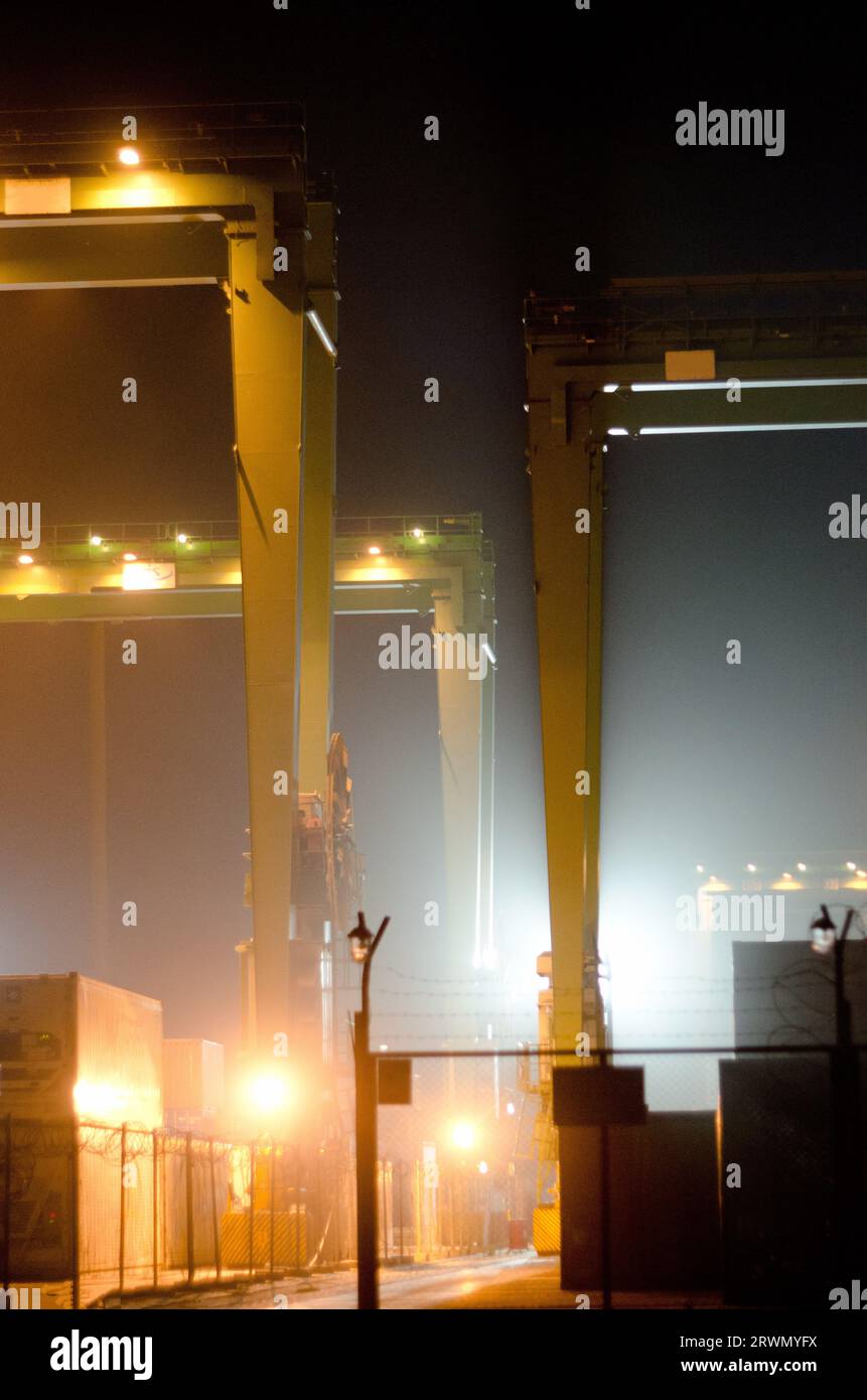Container terminal. Sea port container terminal during work at night in ...