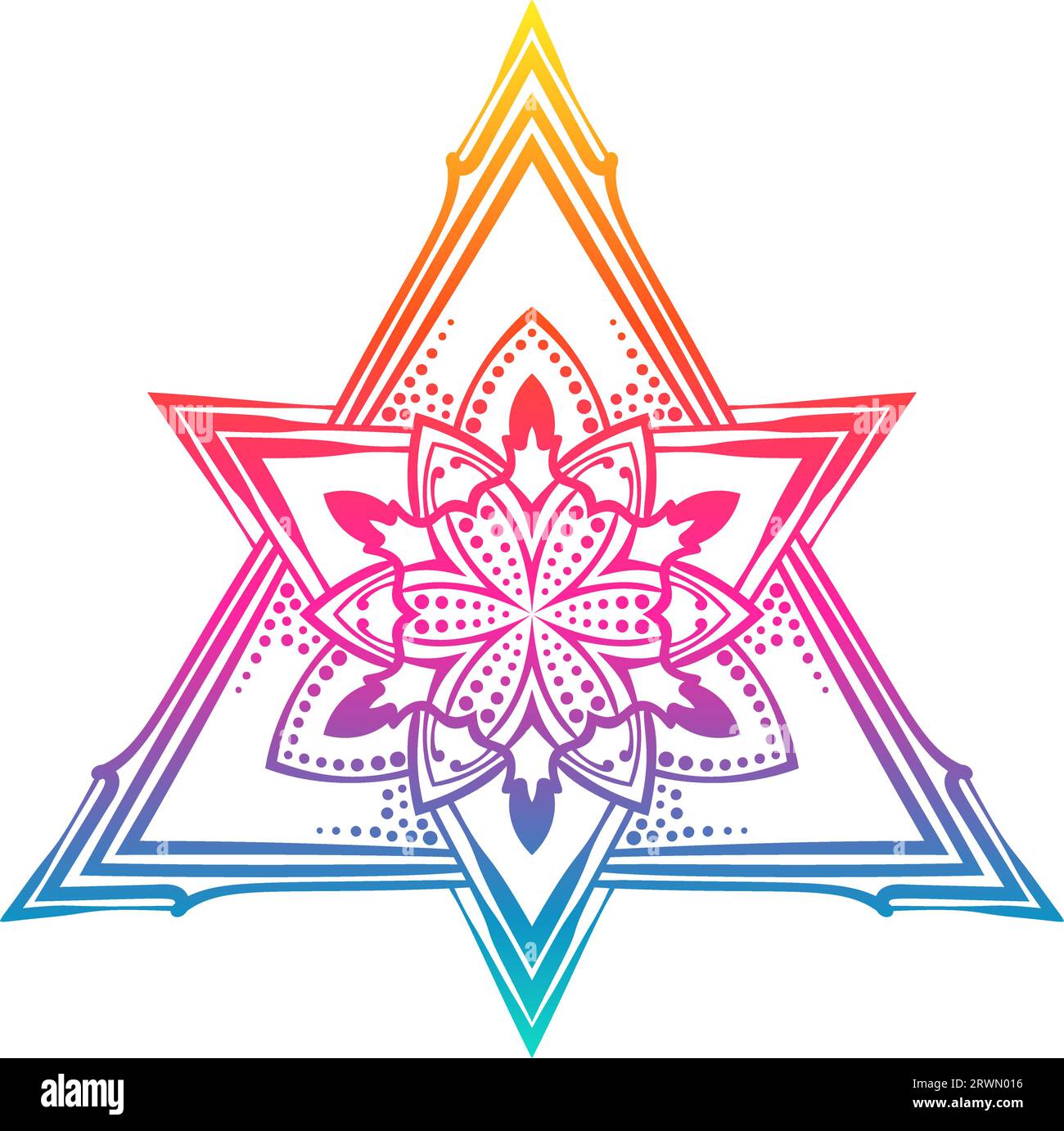 Vector lotus flower mandala in two triangles pyramid rainbow color ...