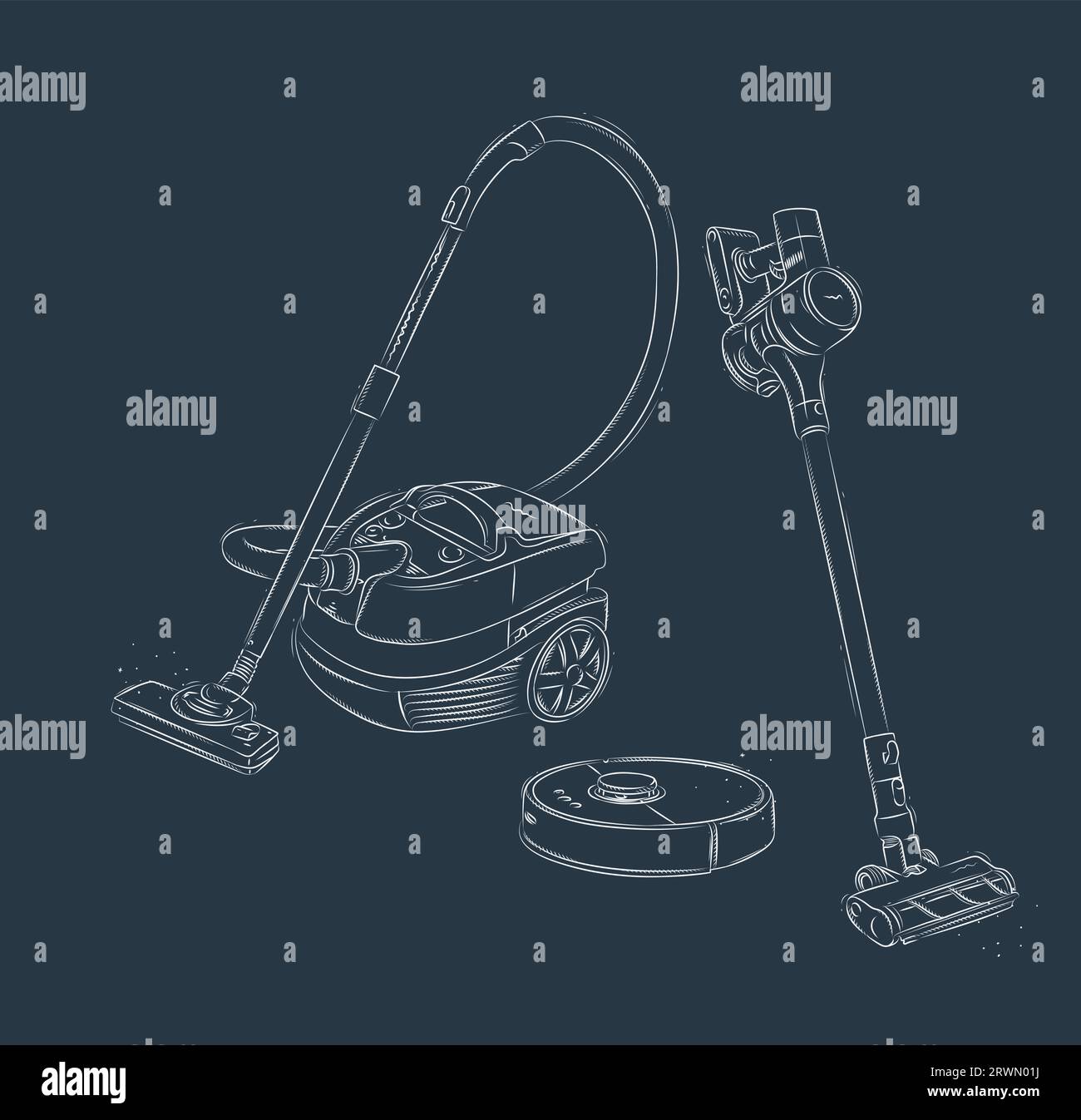 Vacuum cleaner types regular, cordless, robot drawing in graphic style ...
