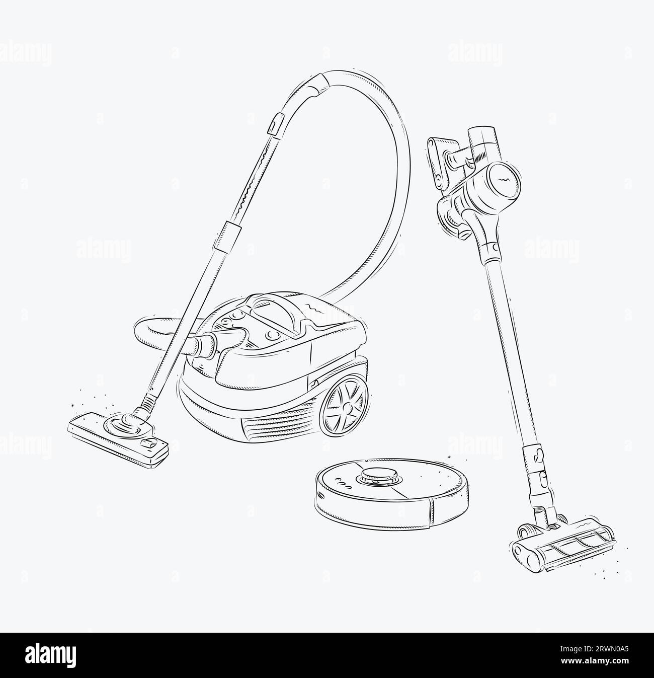 Vacuum cleaner types regular, cordless, robot drawing in graphic style ...