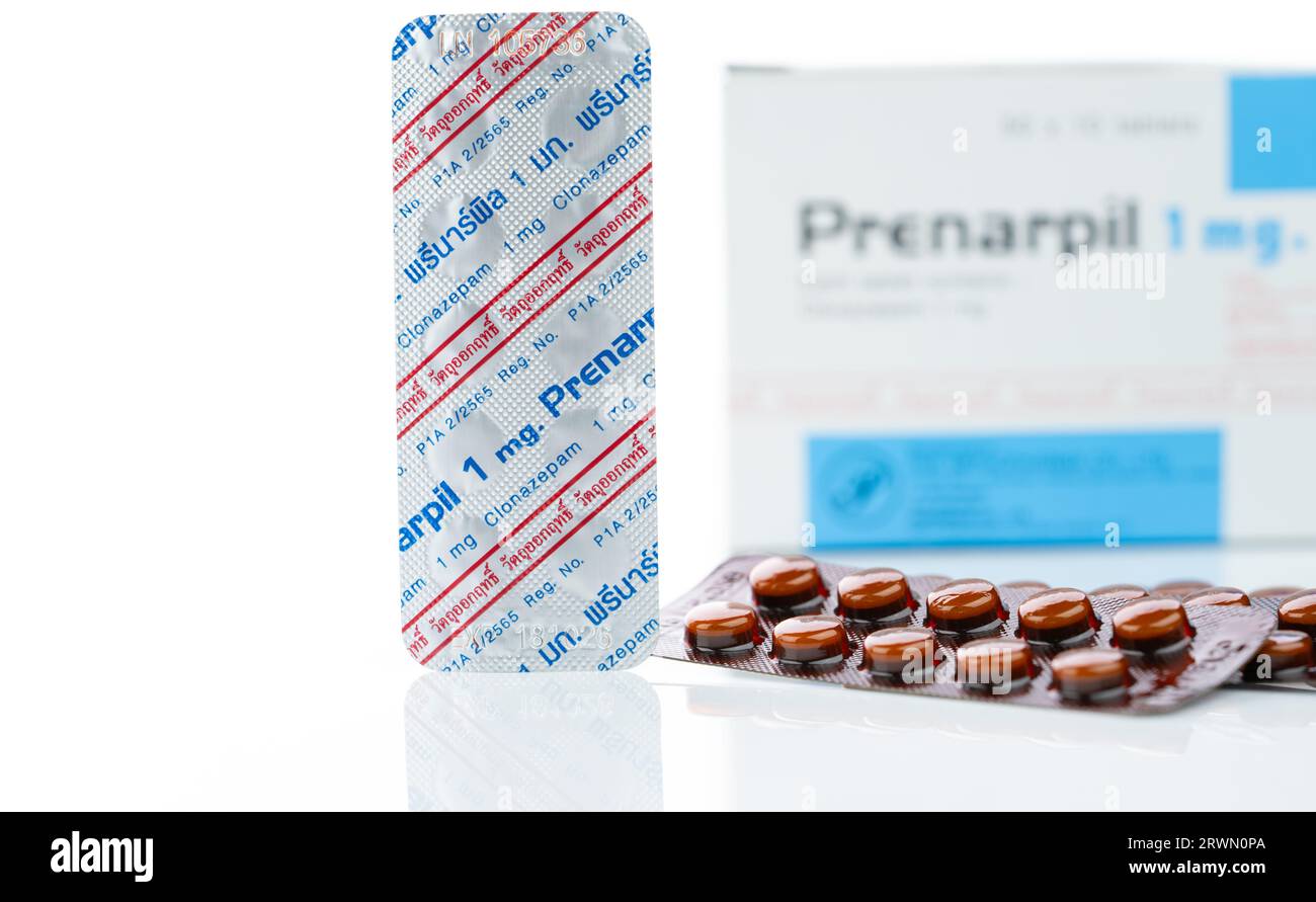 CHONBURI, THAILAND-JULY 11, 2023: Prenarpil tablet pills in brown ...