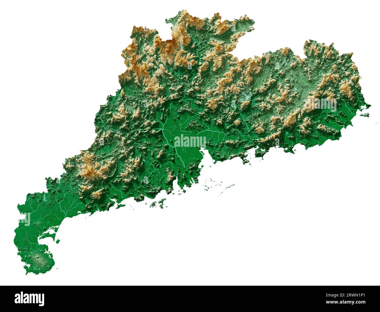 Guangdong. A province of China. A detailed 3D rendering of a shaded ...