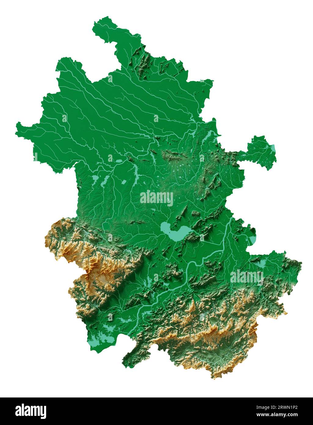 Anhui. A province of China. A detailed 3D rendering of a shaded relief ...