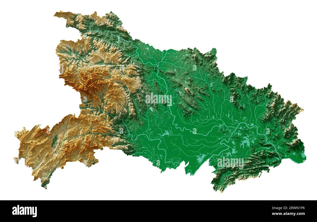 Hubei. A province of China. A detailed 3D rendering of a shaded relief ...