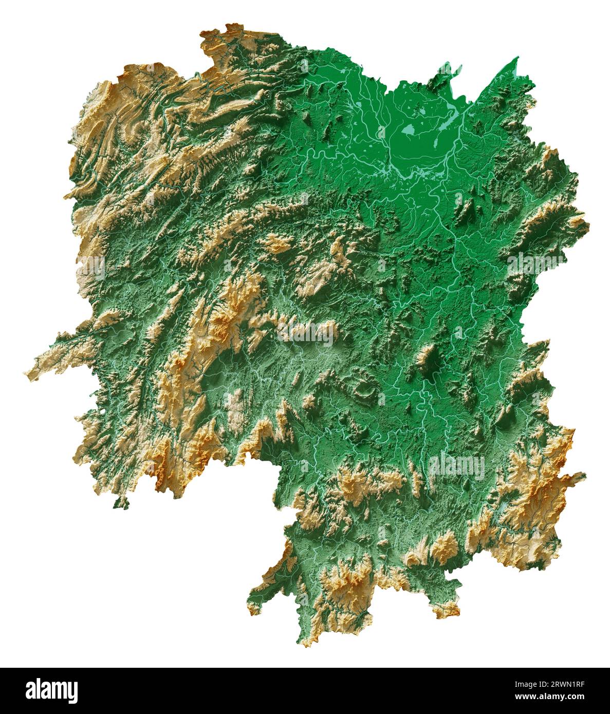 Hunan. A province of China. A detailed 3D rendering of a shaded relief ...