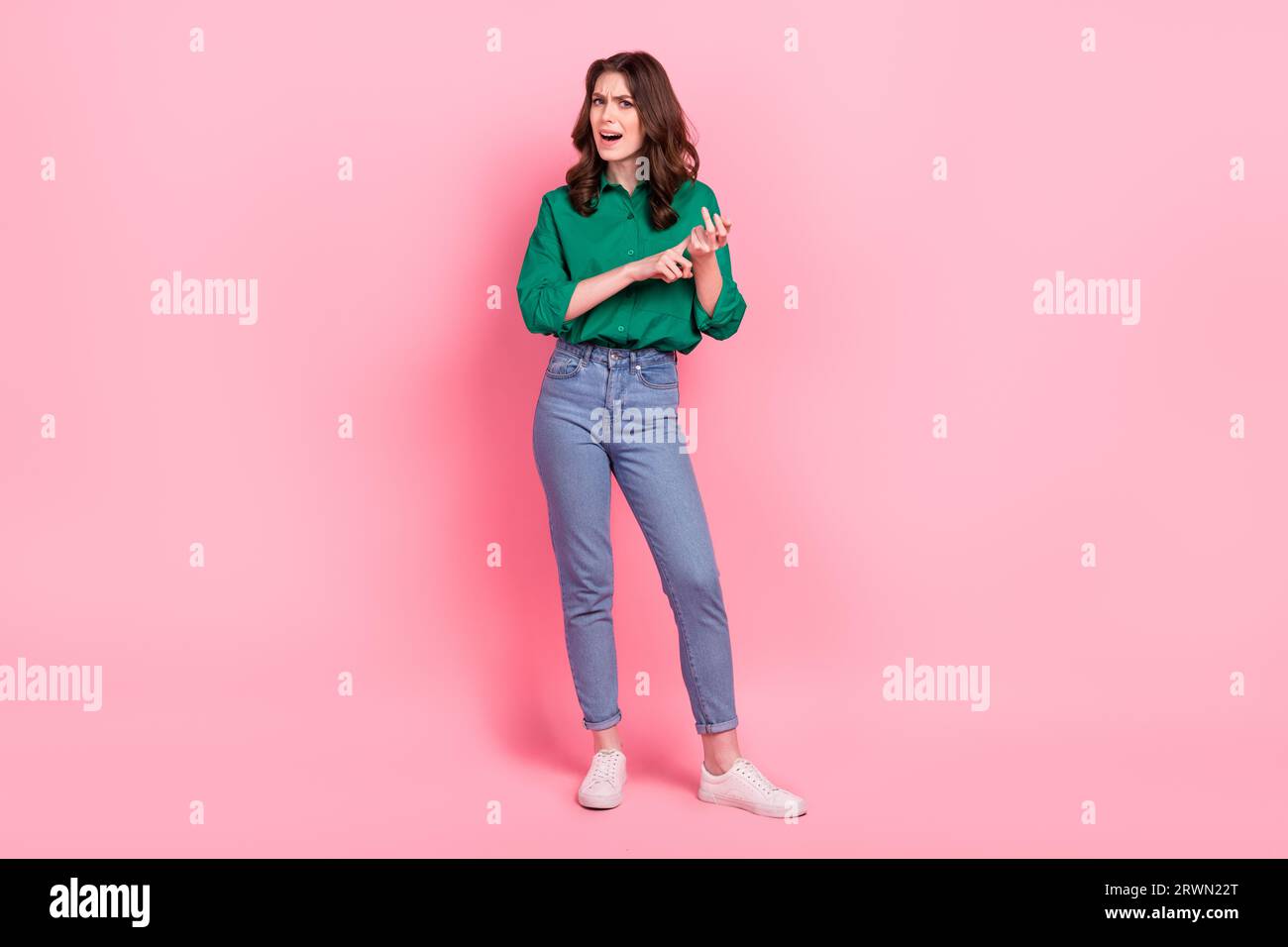 Full length photo of unsatisfied angry bossy person communicate hand ...