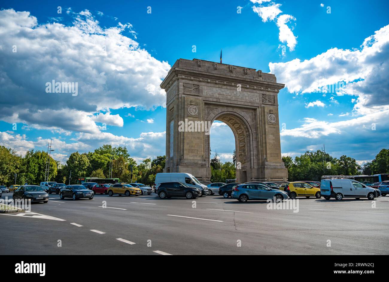 BUCHAREST, ROMANIA 2022: Arcul de Triumf, a triumphal arch, the ...