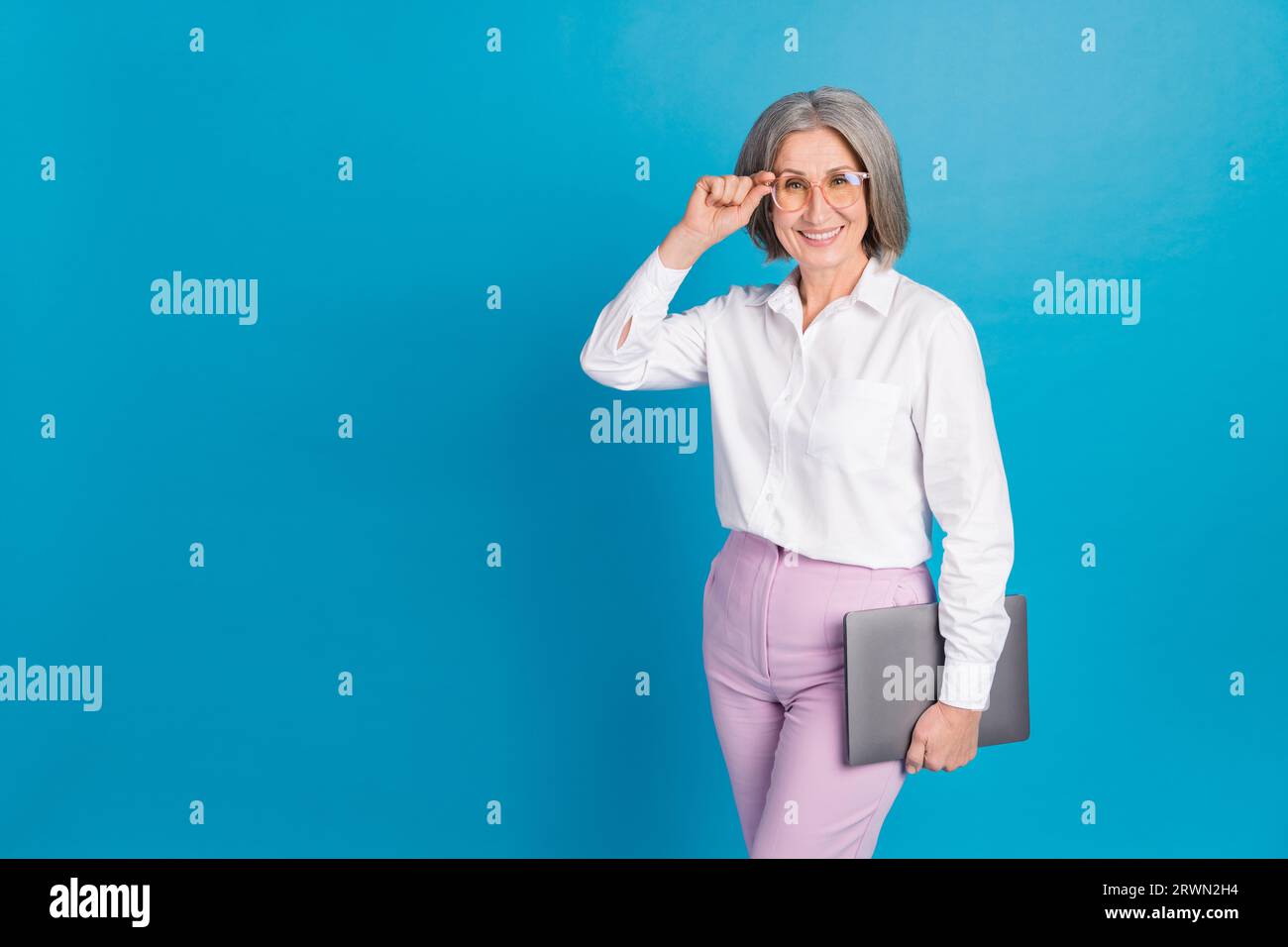 Photo of smart clever woman dressed white shirt spectacles holding ...