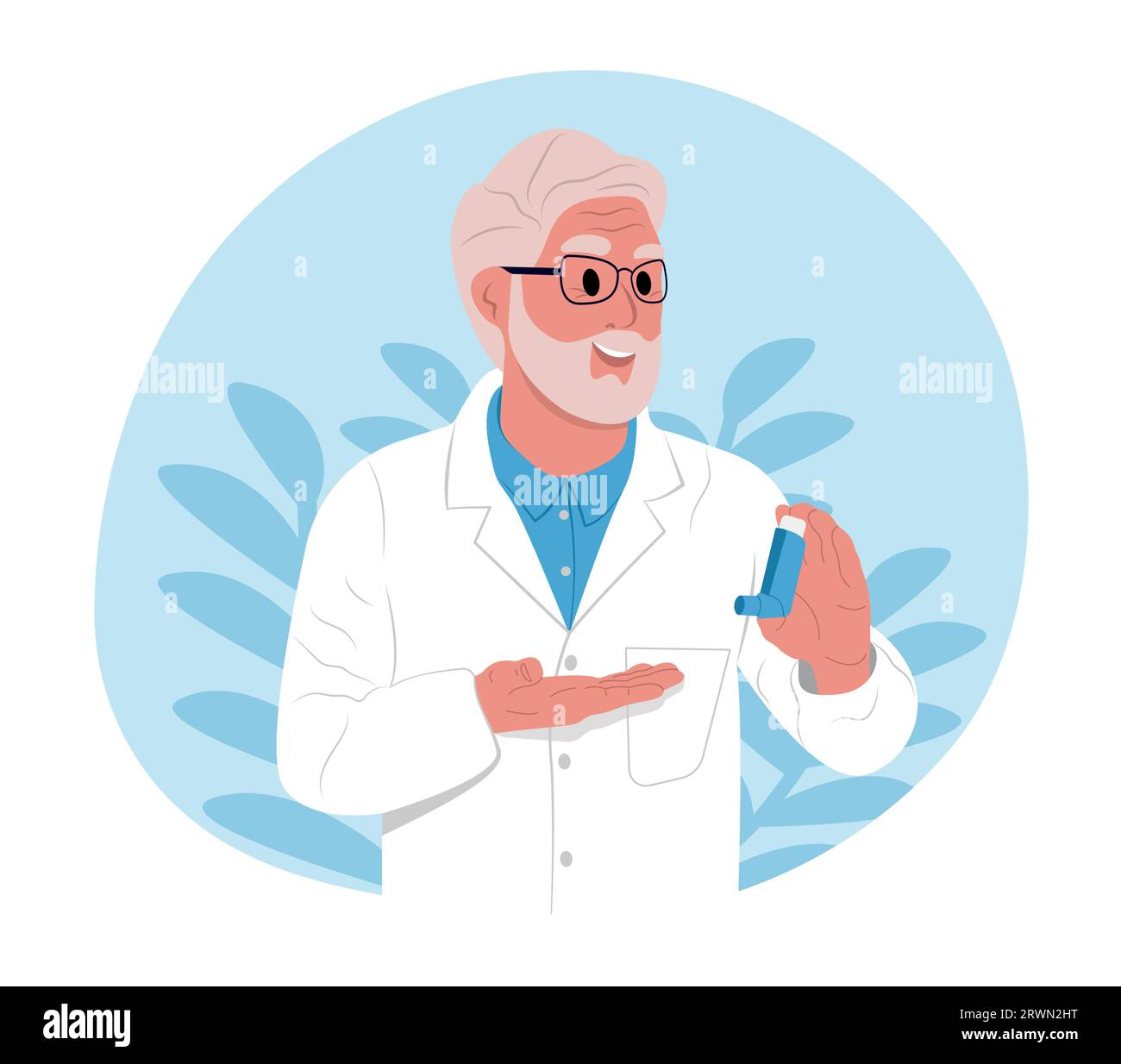 A smiling black elderly man doctor holds an inhaler in his hands for ...