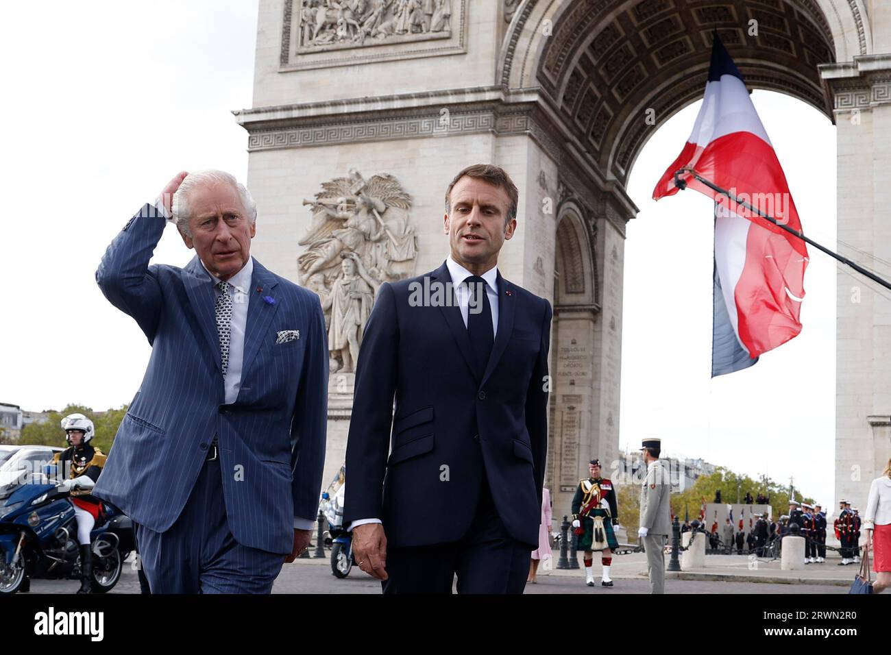 Britain's King Charles III, left, and French President Emmanuel Macron ...
