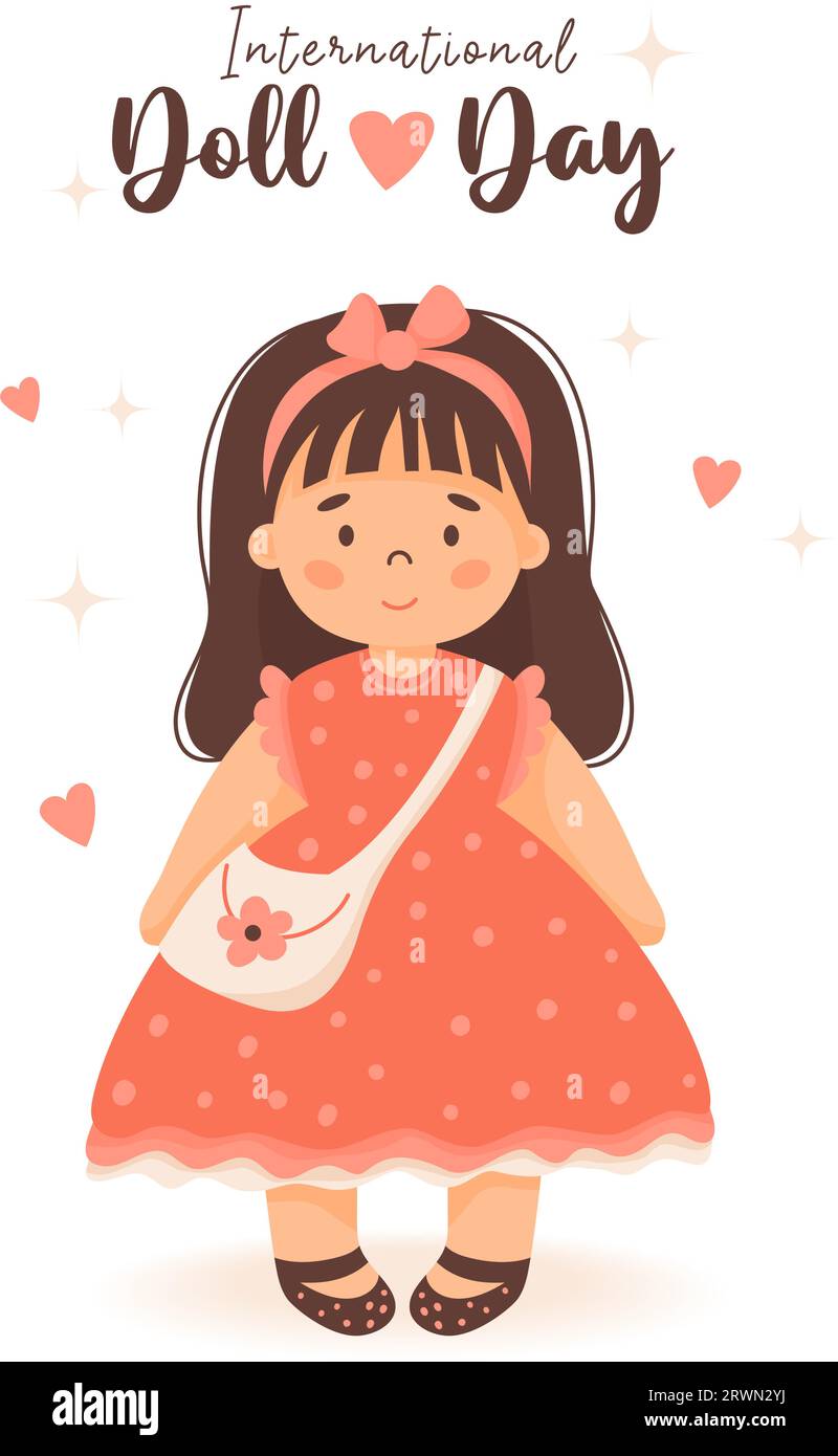 Doll Day. Cute children toy doll girl with long hair in red dress with ...