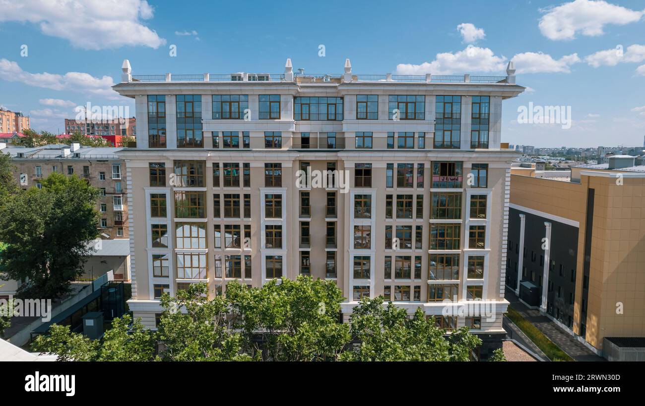 New building facade in housing complex. Modern style in architecture ...