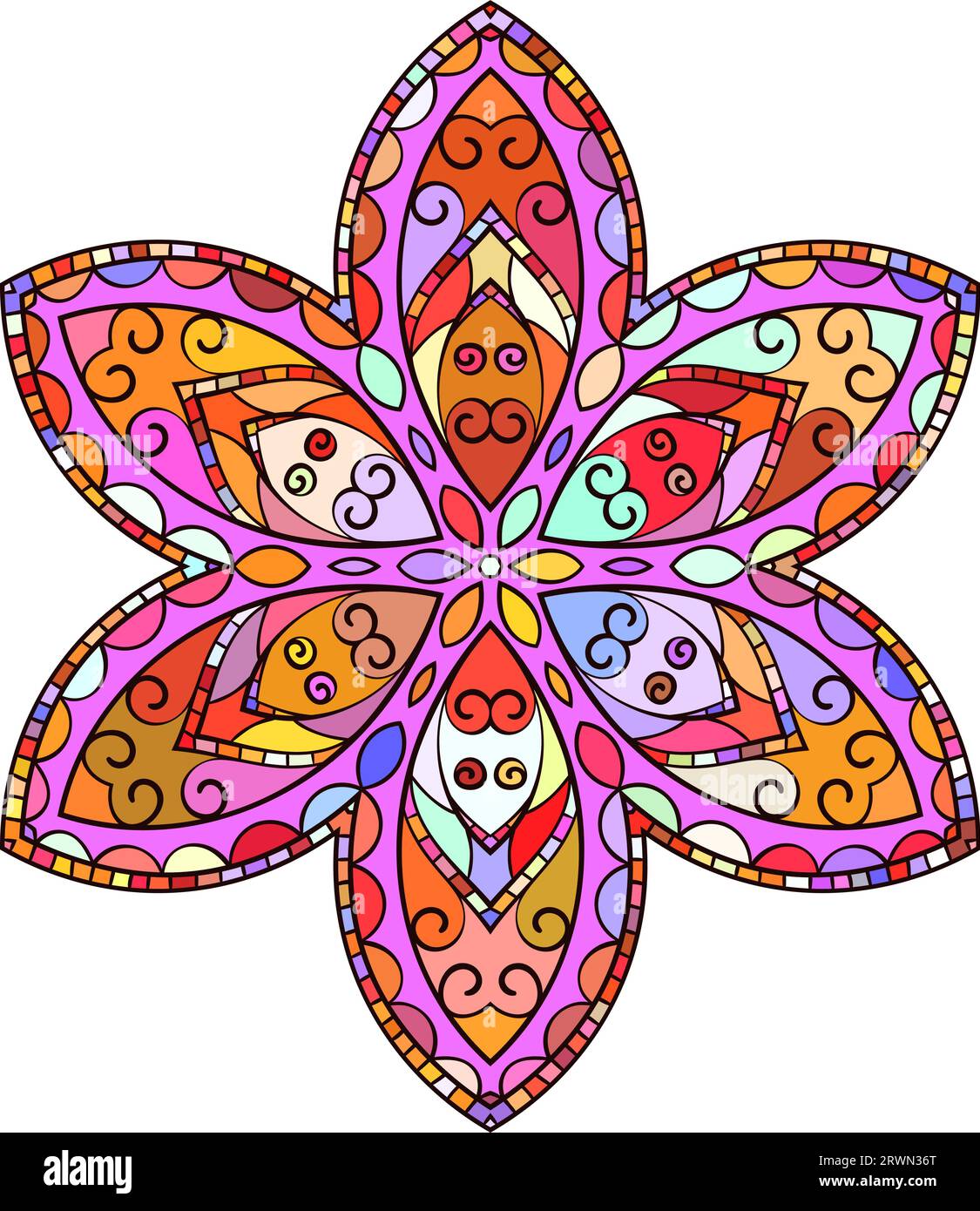 Round flower multicolored red mandala, Isolated design element, Vector ...