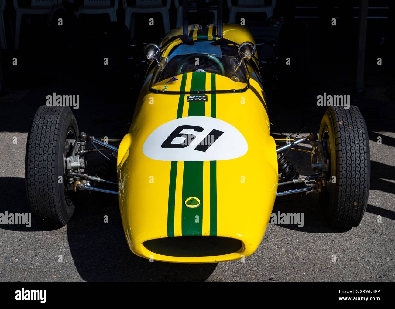 Yellow Lotus racing car in the paddock during testing at Goodwood motor ...